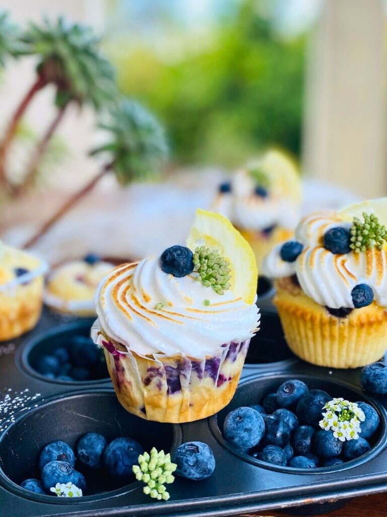 Blueberry Muffins with Lemon Cream and Toasted Meringue